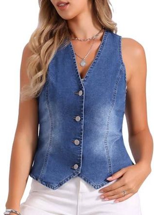 Allegra K Gilet en Jean pour Femme Blouson sans Manches en Denim &agrave; Col en V Veste Boutonn&eacute; D&eacute;contract&eacute;e Vintage Bleu XL
