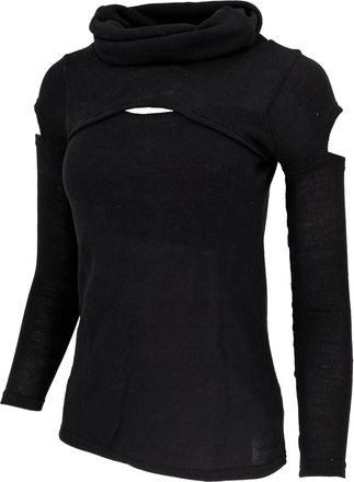 Guru Shop Psytrance Feinstrick Langarmshirt mit Offenen Schultern, Rollkragen - Schwarz, Damen, Baumwolle, Size:S
