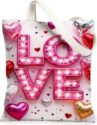 Generic Sacs fourre-tout en toile avec motif coeur color&eacute;, sacs d&eacute;picerie r&eacute;utilisables, pour la Saint-Valentin, l&eacute;gers et lavables, taille S, p&ecirc;che, 13x15 In