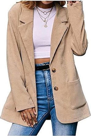 Lazutom Veste de bureau à revers en velours côtelé pour femme, beige, 44