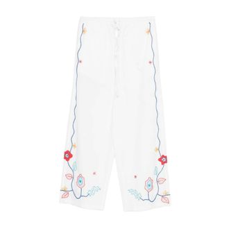 Forte_Forte Femme, Pantalons, Blanc, Taille: 38 FR Pantalon Crayon en Lin avec Broderies Florales