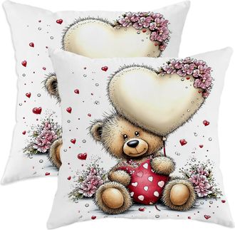 Generic B&auml;r, Niedlich, Verspielt, Herz, Blumen Kissenbez&uuml;ge Mit Rei&szlig;verschluss Sofakissen Quadratische Zierkissenbezug F&uuml;r Bett B&uuml;ro Schlafzimmer 45X45Cm 2Er 