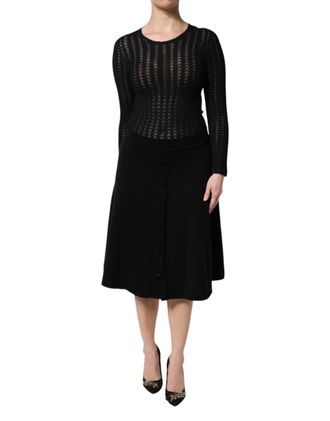Dolce & Gabbana Womens Black Cashmere Long Sleeves A-Line Midi Dress Viscose Polyester