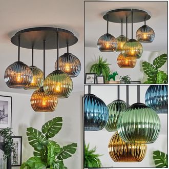 HOFSTEIN Deckenleuchte Koyoto, 5-flammige Deckenlampe aus Metall/Riffelglas in Schwarz/Gold/Blau/Grün, Leuchte im Retro/Vintage-Design (Schirme Ø 15 cm), E14, 
