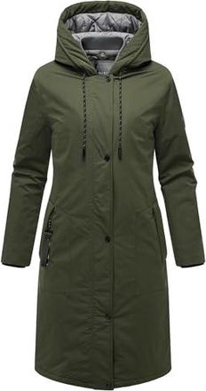 Marikoo Ledalaa Veste longue mi-saison pour femme avec col en maille c&ocirc;tel&eacute;e amovible et grande capuche 16 S-3XL, Vert olive fonc&eacute;, L