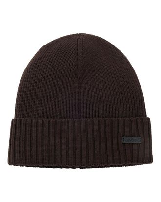 HUGO BOSS Strickmütze aus Schurwolle im Rippstrick mit Leder-Patch in