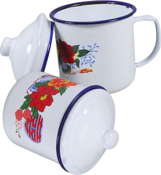 NUOBESTY 2 St&uuml;ck Rote Emaille teetasse Chinesischem Nostalgie motiv Dickwandige Robuste Kaffeetasse aus Emailliertem Hitzebest&auml;ndig mit Ergonomischem Griff f&uuml;r
