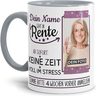 Tassendruck Tasse zum Ruhestand - mit Spruch - mit Name und Foto Personalisieren - Geschenk für Frauen, Abschiedsgeschenk, Rente - Hochwertige Keramik, Innen & He