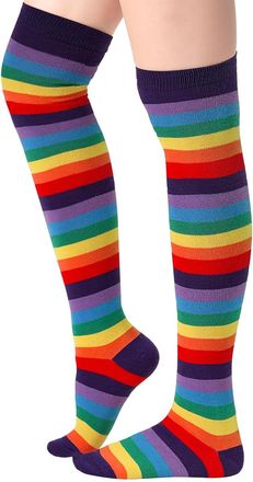 Blulu Damen Hohe Gestreifte Str&uuml;mpfe Socken Weihnachten Streifen Lange &Uuml;berkniestr&uuml;mpfe(Regenbogen Violett)