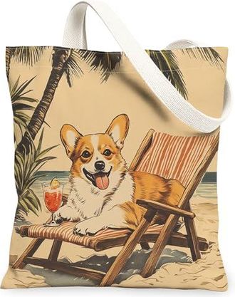Generic Sac fourre-tout amusant en toile motif chien Corgi pour faire du shopping, 33 x 38,1 cm, sac &agrave; bandouli&egrave;re r&eacute;utilisable pour femme, peinture danimaux 