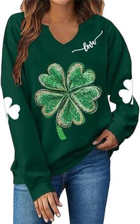 Generic Sweat-shirt tr&egrave;fle porte-bonheur pour femme - Chemise fantaisie - Grande taille - Col en V - Imprim&eacute; tr&egrave;fle irlandais - Tunique ample, vert clair, XXL