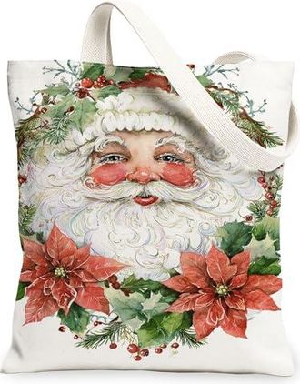 Generic Sacs fourre-tout en toile de No&euml;l, motif P&egrave;re No&euml;l, sacs de courses r&eacute;utilisables, vintage floral, l&eacute;ger et lavable, toile pour cadeau de voyage, 33 x