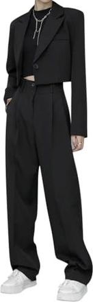 Minetom Tailleur Femme 2 Pièces Elegant Manche Longue Blazer Couleur Unie Veste Courte Formel Affaires Travail Pantalon Costume de Bureau Soiree C Noir L