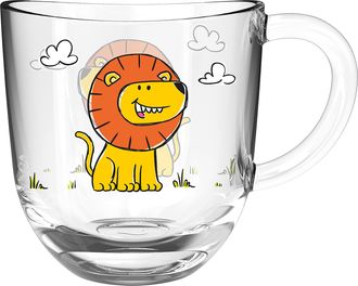 Leonardo Leonardo Bambini Glas-Tasse, Kinder-Becher aus Glas mit Tier-Motiv, sp&uuml;lmaschinengeeignete Tee-Tasse, L&ouml;we orange gelb, 1 St&uuml;ck, 280 ml, 022898