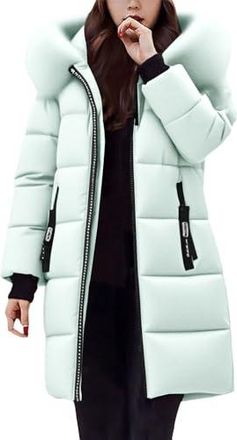Generic Veste dhiver pour femme - Manteau long matelassé avec capuche - Mode parka chaude - Manteau dhiver décontracté - Veste matelassée - Veste dhiver avec 
