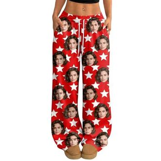 Generic Pantalon personnalis&eacute; avec photo de visage pour femme - Pantalon de jogging personnalis&eacute; avec cordon de serrage - Jambe droite, Rouge, M