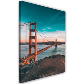 Feeby Vlies Leinwandbild Amerika Kalifornien San Francisco USA 40x60 cm Wanddeko Design Kunstdruck Zimmerdeko Bilderwand Br&uuml;cke Golden Gate Landschaft Blau