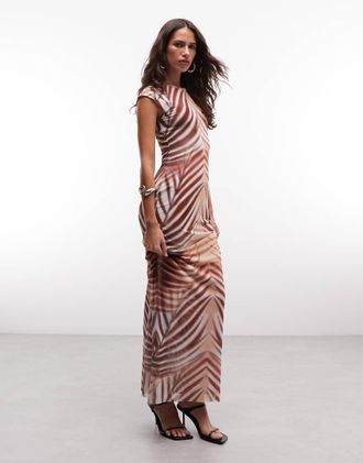 AFRM Mylo - Robe longue en tulle &agrave; imprim&eacute; palmier avec col rond et mancherons - Marron