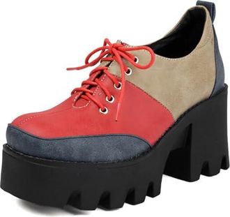 Generic Qynthra Chaussures Oxford &agrave; Plateforme &eacute;paisse pour Femmes Bout carr&eacute; Lacets Design Bicolore Semelle &eacute;paisse Style Punk Talons Mode pour Usage d&eacute;contr