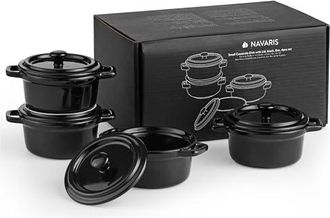 Navaris Mini Cocotte Individuelle Ovale - 4x Petit Plat Four avec Couvercle pour Souffl&eacute; Oeuf Terrine Pat&eacute; Creme Brulee - Cassolette Ramequin Individuel Petit