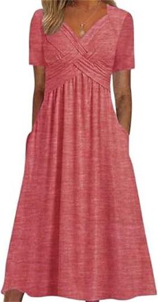 Generic Robe d&eacute;t&eacute; &agrave; manches courtes avec col en V et manches courtes crois&eacute;es sur le devant pour femme - Robe d&eacute;t&eacute; fluide avec poches, rose, 3XL
