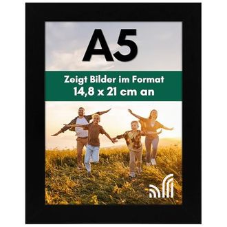 Americanflat A5 Bilderrahmen in Schwarz - Verbundholz mit bruchfestem Glas - Querformat und Vertikal für Wand und Tischplatte - 14,8 x 21 cm