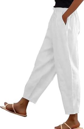 Generic Pantalon en coton et lin pour femmes, ceinture élastique, taille haute, poches, boutons latéraux, pantalon à neuf points, pantalon ample décontracté, 