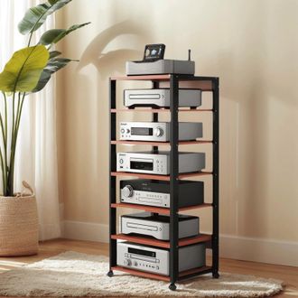 Generic 7-stufiges Audio-Rack, AV-Ger&auml;teschrank Mit Verstellbaren Regalb&ouml;den, Feststellbaren Rollen, Stahl Und Holz, for Heimkino, Spielekonsolen Und B&uuml;roaufb