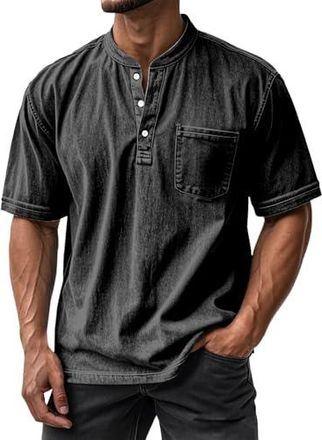Generic Polo en coton pour homme, grande taille, col rond 1/4 bouton, avec poche poitrine, coupe confortable, couleur unie, t-shirt Henley pour l&eacute;t&eacute;, la plage