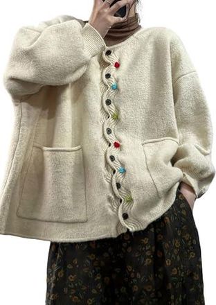 Generic Cardigan d&eacute;contract&eacute; en tricot ample surdimensionn&eacute; pour femme avec boutons color&eacute;s et manches bouffantes, abricot, XXL