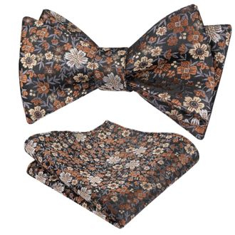 Alizeal Herren Fliege und Einstecktuch, selbstgebunden, Blumenmuster, bunt, f&uuml;r Hochzeit, Party, Fliege und Taschentuch, Schwarz, Braun, Grau, Einheitsgr&ouml;&szlig;e