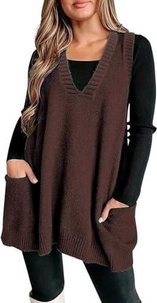 Generic Gilet bouffant l&eacute;ger et confortable avec poche confortable pour femme - Pull sans manches &agrave; col en V - Tricot ample - Tunique flatteuse mi-longue pour