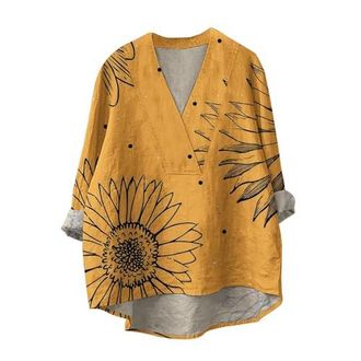 Generic Chemise pour Femmes Coton Et Lin Chic Et Elegant D&eacute;contract&eacute; Chemises D&eacute;t&eacute; &Agrave; Manches Longues Col en V Profond Amples Top L&eacute;g&egrave;re Comfy Tunique Mode Cot