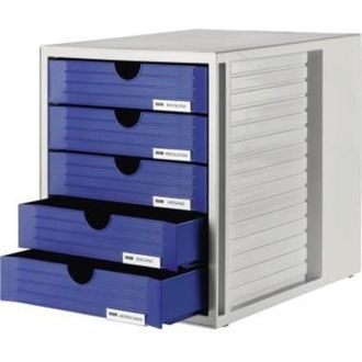 Han Schubladenbox systembox 5 Schubladen din C4 Polystyrol Geh&auml;usefarbe: lichtgrau Farbe der Schublade: blau