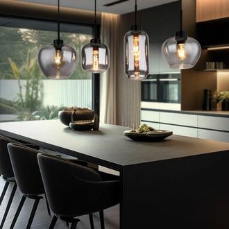 Globo Lighting Suspension en verre fumé, lampe de salle à manger en verre noir, métal, 4x douilles E27, LxPxH 99,5x24x120 cm