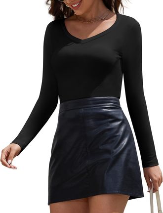 Joyshaper Damen V-Ausschnitt Langarmteeshirt Langarm Unterhemd Basic Lang&auml;rmeliges T-Shirt mit Rundhalsausschnitt f&uuml;r Dame Schwarz 2XL