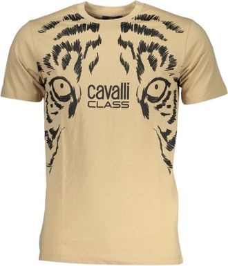 Cavalli Beiges Baumwoll-Print-Logo-T-Shirt - - Tops - Herren - Braun - XL