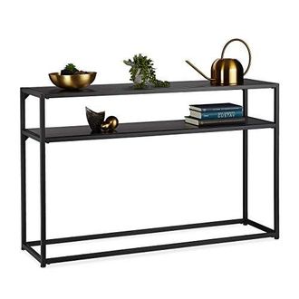 Relaxdays Konsolentisch, 2 Ablagen, aus Metall & MDF, platzsparend, schmaler Beistelltisch, 70 x 110 x 30 cm, schwarz