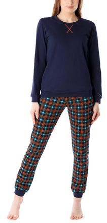 Merry Style Damen Lang Zweiteiliger Schlafanzug aus Baumwolle Pyjama Set Winter MS10-168 (Marineblau (Orange-Kariert), XXL)