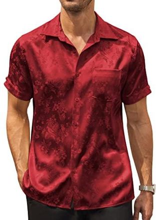 Coofandy Chemise dété à Manches Courtes en Satin de Soie Jacquard pour Homme, 01 Rouge, Taille L
