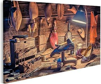 Islandburner Tableau sur Toile Lieu de Travail de cordonnier Vintage avec Brosse et Chaussures Cadre Affiche Poster Murale Tableaux