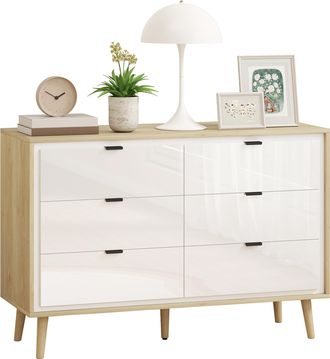 HOMCOM Kommode mit 6 Schubladen, Hochglanzaufbewahrungsm&ouml;bel mit 5 Holzbeinen, moderner Stil, Kommode f&uuml;r Schlafzimmer, Wohnzimmer, Flur, 110 x 40 x 75 cm, W