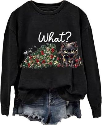 Generic Chandail de Noël pour femme coupe régulière chemisier de Noël pull de Noël fantaisie chat amusant dit quoi sweat-shirt graphique col rond manches long