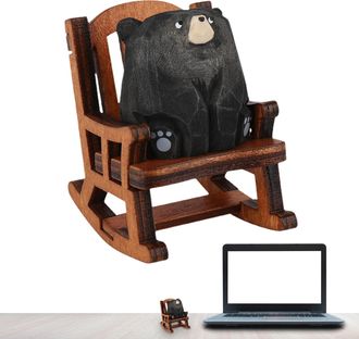 Generico Dekorative Bärenstatue aus Holz, brauner Bär, handgefertigt, geschnitzte Tierdekoration | Schaukelstuhl und Bär, rustikaler Tierstil