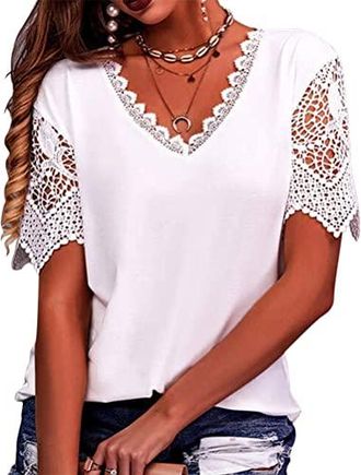 Onsoyours Chemisier Femme Sexy Chic Hauts À Manches Courtes Dentelle Ample Tunique Blouse Elégante Mode Col V Shirt Tops Imprimé Dété Vintage Basique Pull Top A