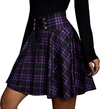 Minetom Femme Mini Jupe Carreaux Évasé Plissé Plaid Court A-Line Jupe Courte Gothique Taille Haute Tennis Uniformes Ecolières Jupe À Lacets A Violet S