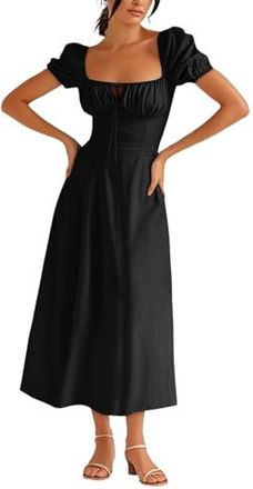 Generic Robes minceur d&eacute;t&eacute; pour femmes, robe longue flottante &agrave; manches courtes et col carr&eacute;, ceintur&eacute;e, d&eacute;contract&eacute;e, ligne A, fluide, invit&eacute;e de mariage, 20