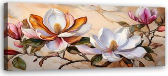Feeby Leinwand Bilder - Bild Wohnzimmer - Magnolien Zweig Blumen Marmor - 120x40 1tlg - Deko Schlafzimmer Groß - Dekoration Canvas - Gemälde - Modern Wandbi