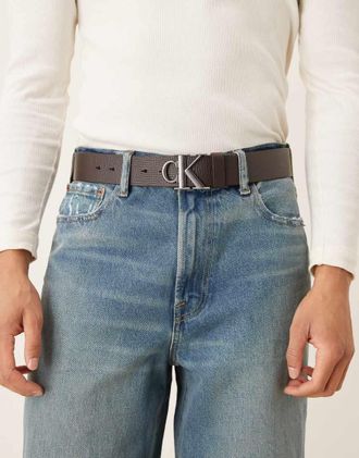 Calvin Klein Ceinture en cuir v&eacute;ritable avec boucle argent&eacute;e - Marron fonc&eacute;-Brown
