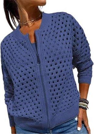 Generic Veste d&eacute;contract&eacute;e en tricot creux avec fermeture &eacute;clair pour femme, pull en r&eacute;sille, veste zipp&eacute;e au crochet, bleu marine, 3XL